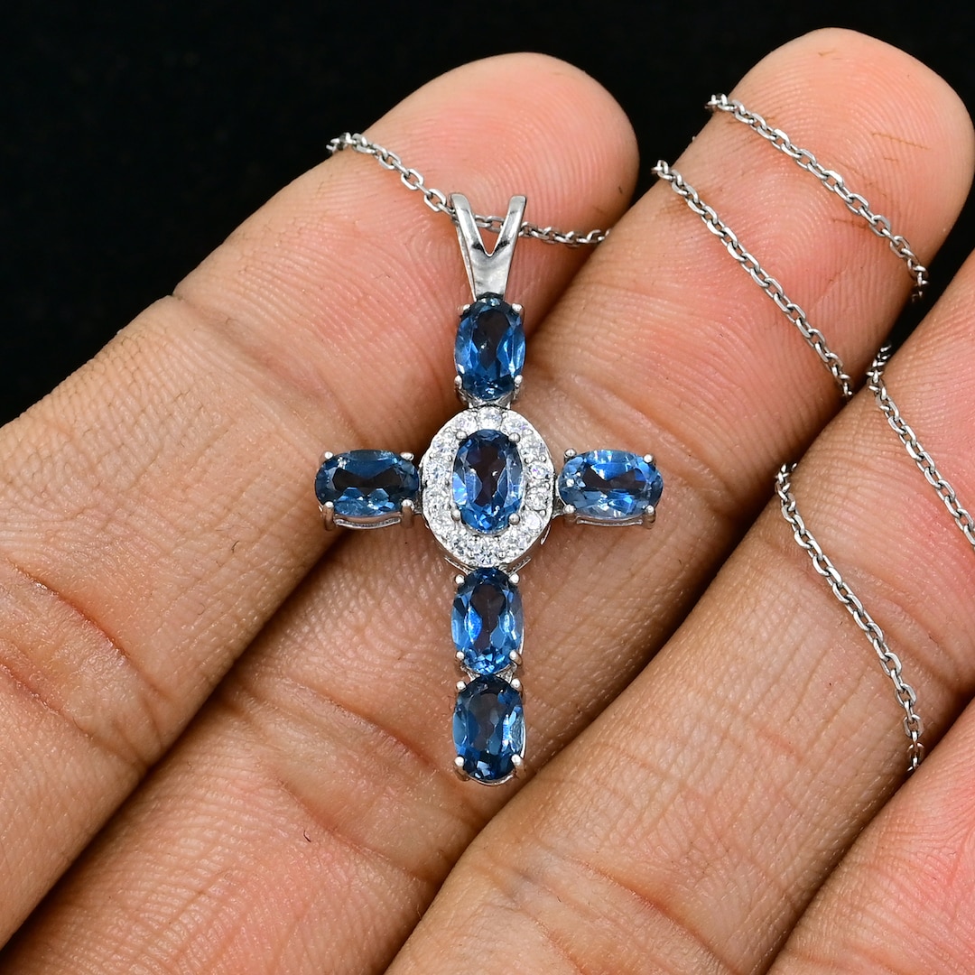 925 Sterling Silver Holy Cross, Natural London Blue Topaz Charm Pendant ...
