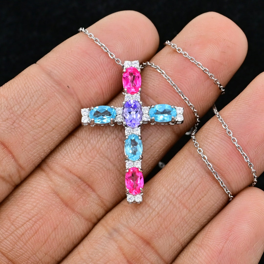Natural Multi Gemstone Cross Pendant, 925 Sterling Silver, Multi Color ...