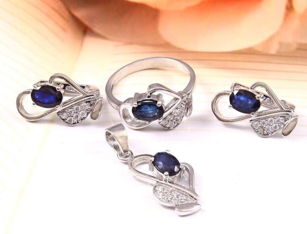 Blue Sapphire Silver Jewelry Set, Handmade Jewelry, Diffused Sapphire ...