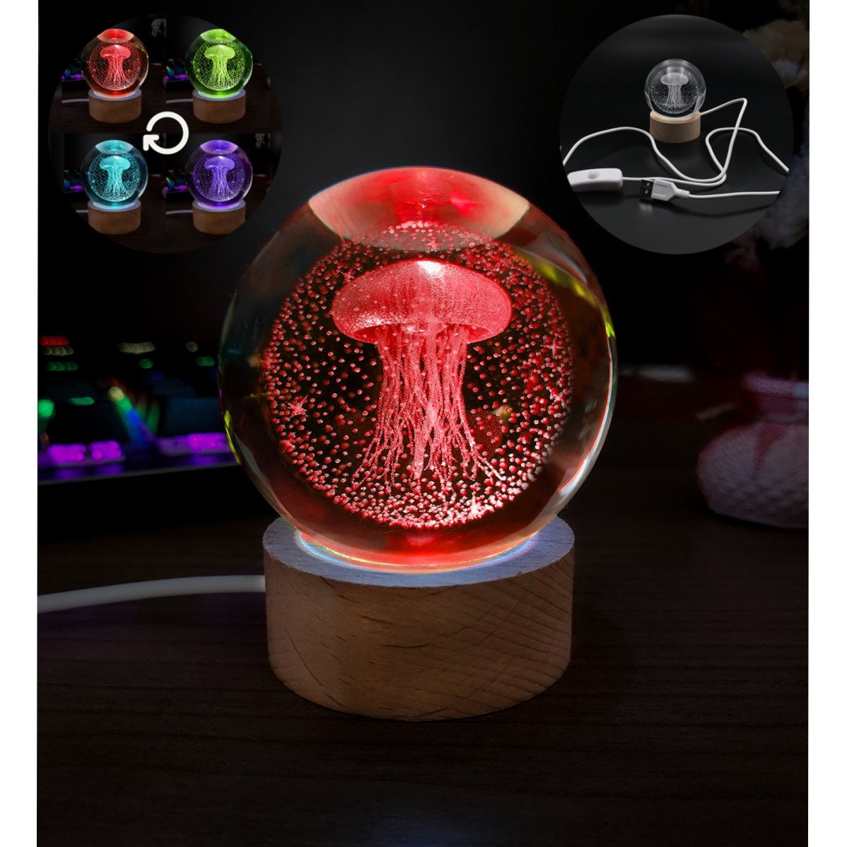 8cm 6cm Color Changing Rechargeable Jellyfish Glass Sphere Crystal ...