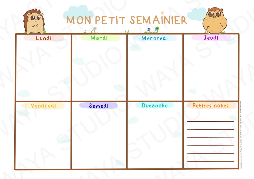 Semainier imprimable pour enfants - Etsy France