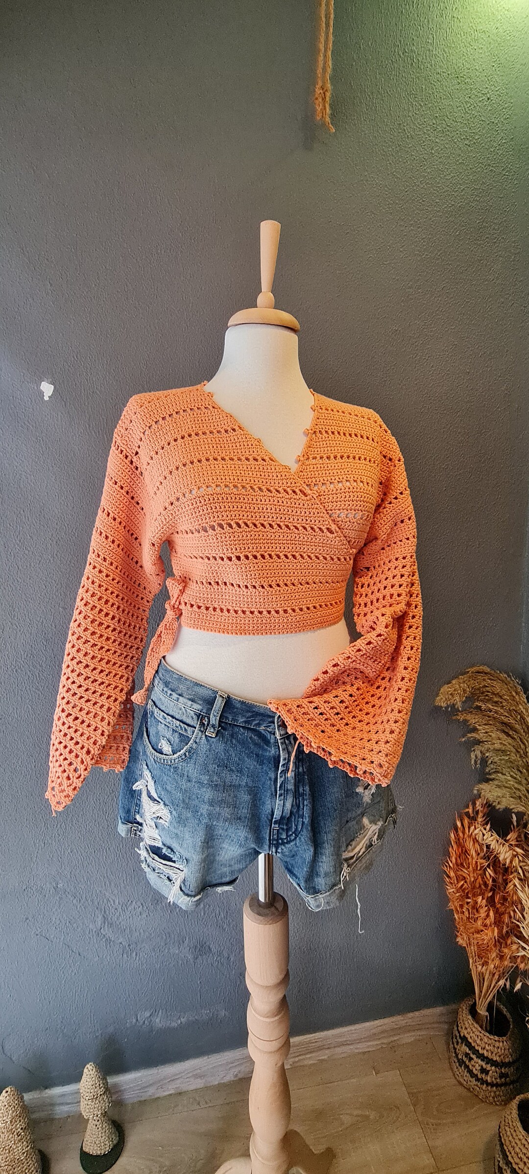 Crochet Wrap Crop Top Pattern, Summer Top, Long Sleeve Wrap Crop Top ...