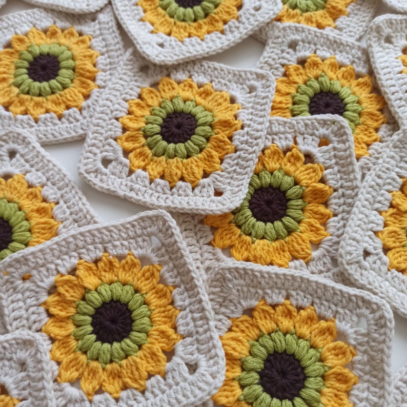 Sunflower Granny Square, Set of 20 Crocheted Squares, Cotton Granny ...