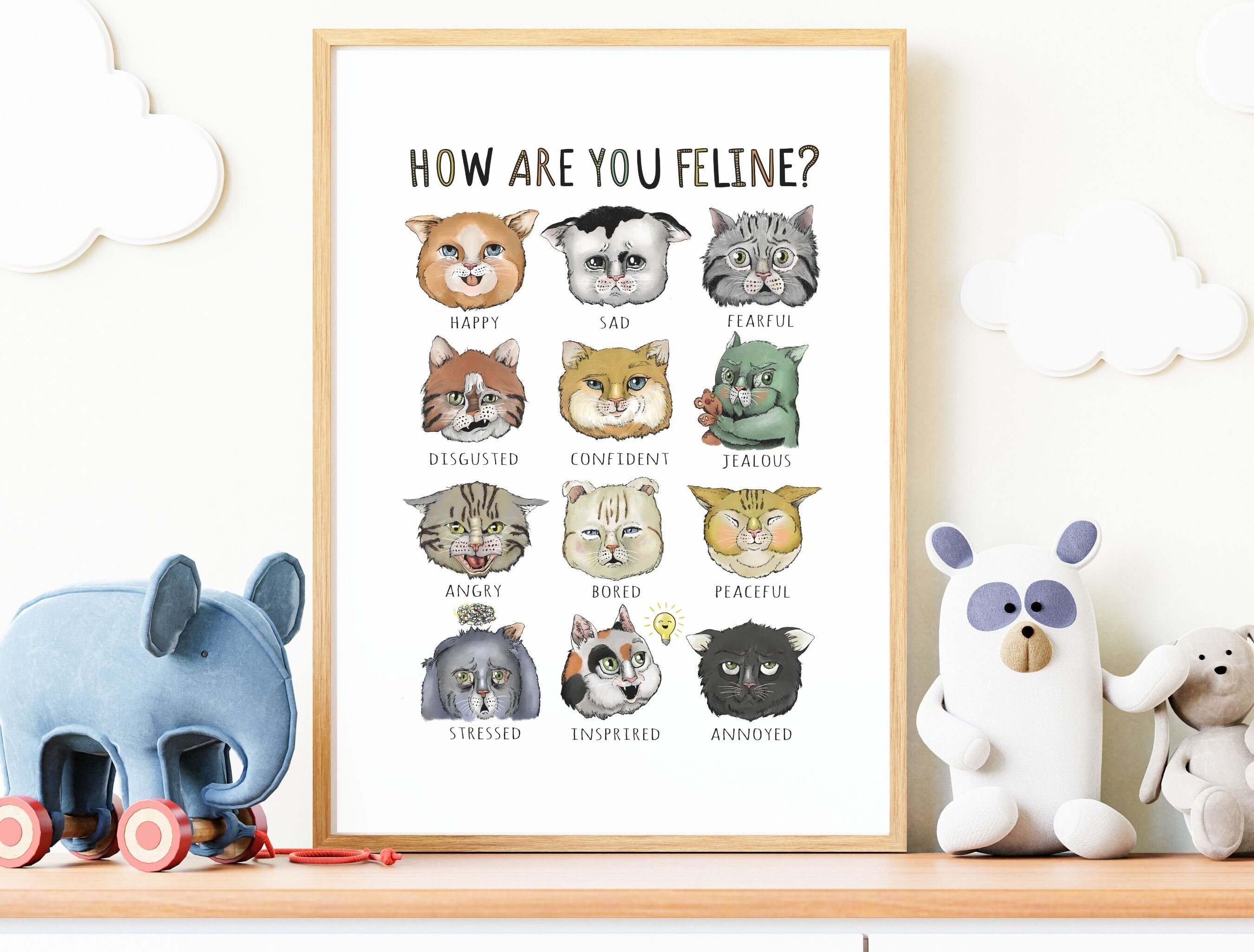 Feelings Chart Cats Wall Art Print for Kids | How Are You Feline ...