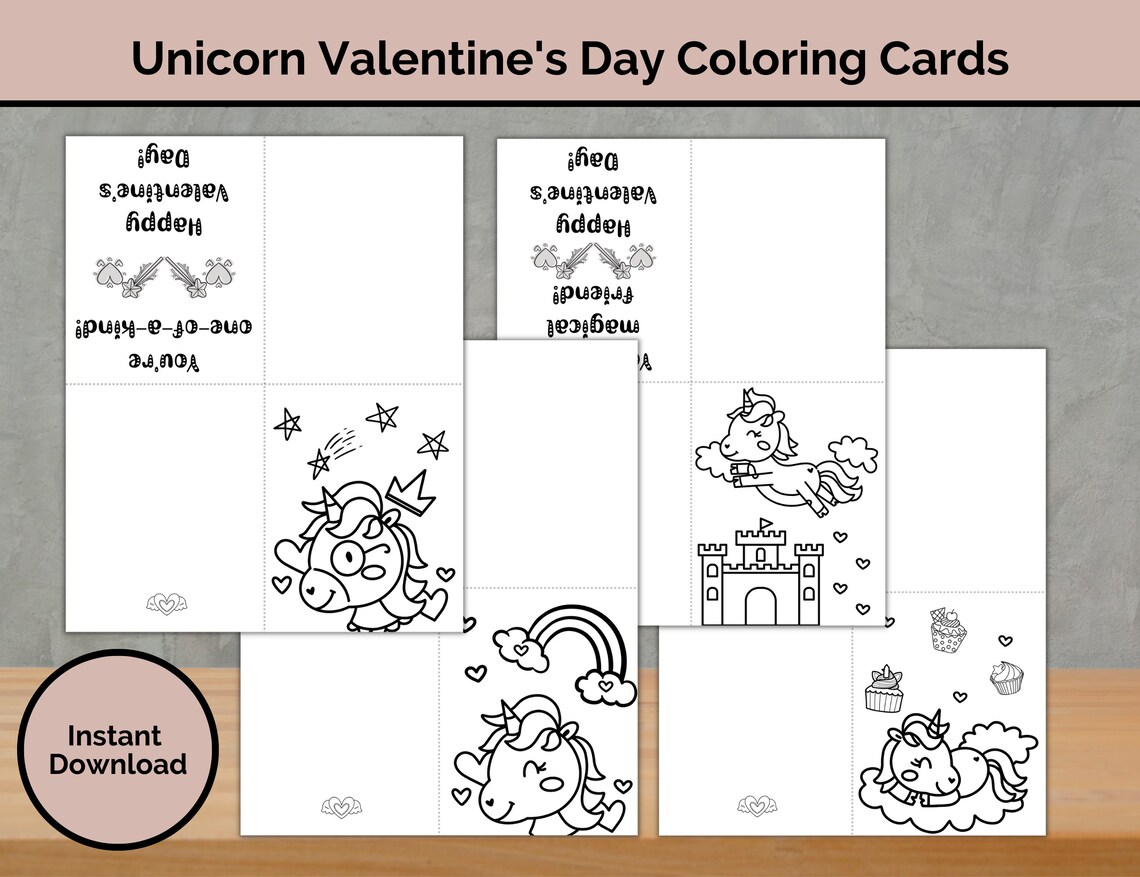 Unicorn Valentine's Day Coloring Cards Printable Digital Download 4 ...