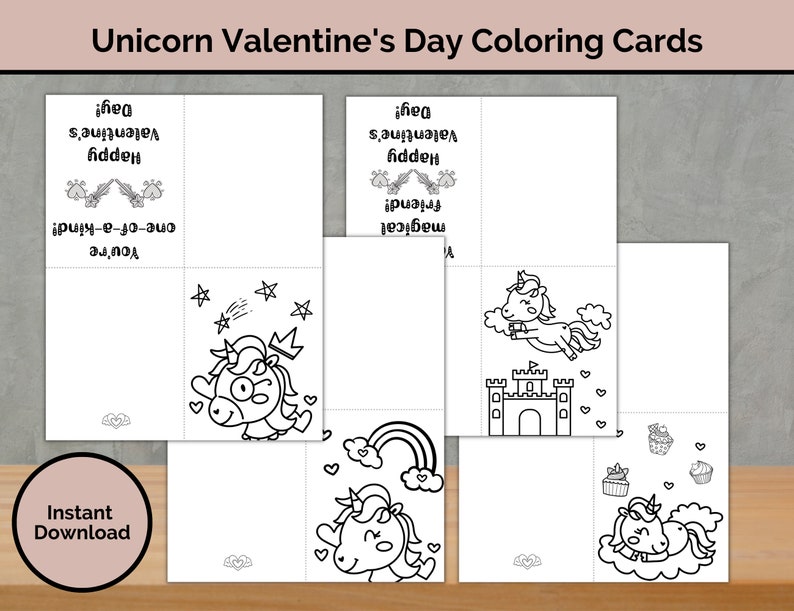 Unicorn Valentine's Day Coloring Cards Printable Digital Download 4 ...