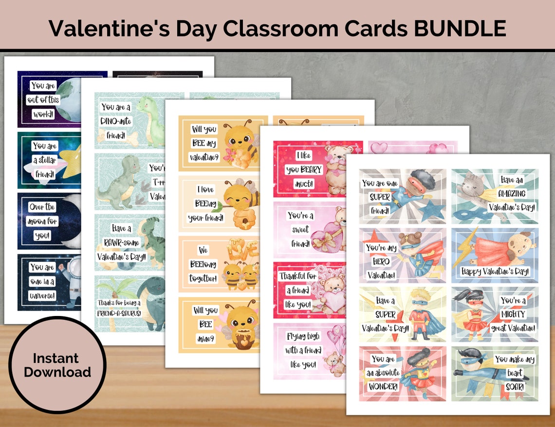 Valentine's Day Classroom Cards BUNDLE Printable Digital Download 5 ...