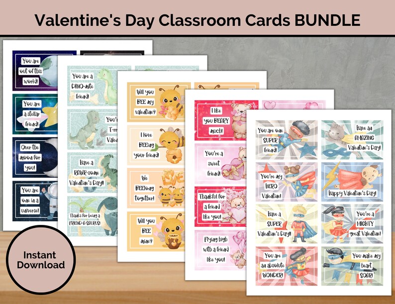 Valentine's Day Classroom Cards BUNDLE Printable Digital Download 5 ...