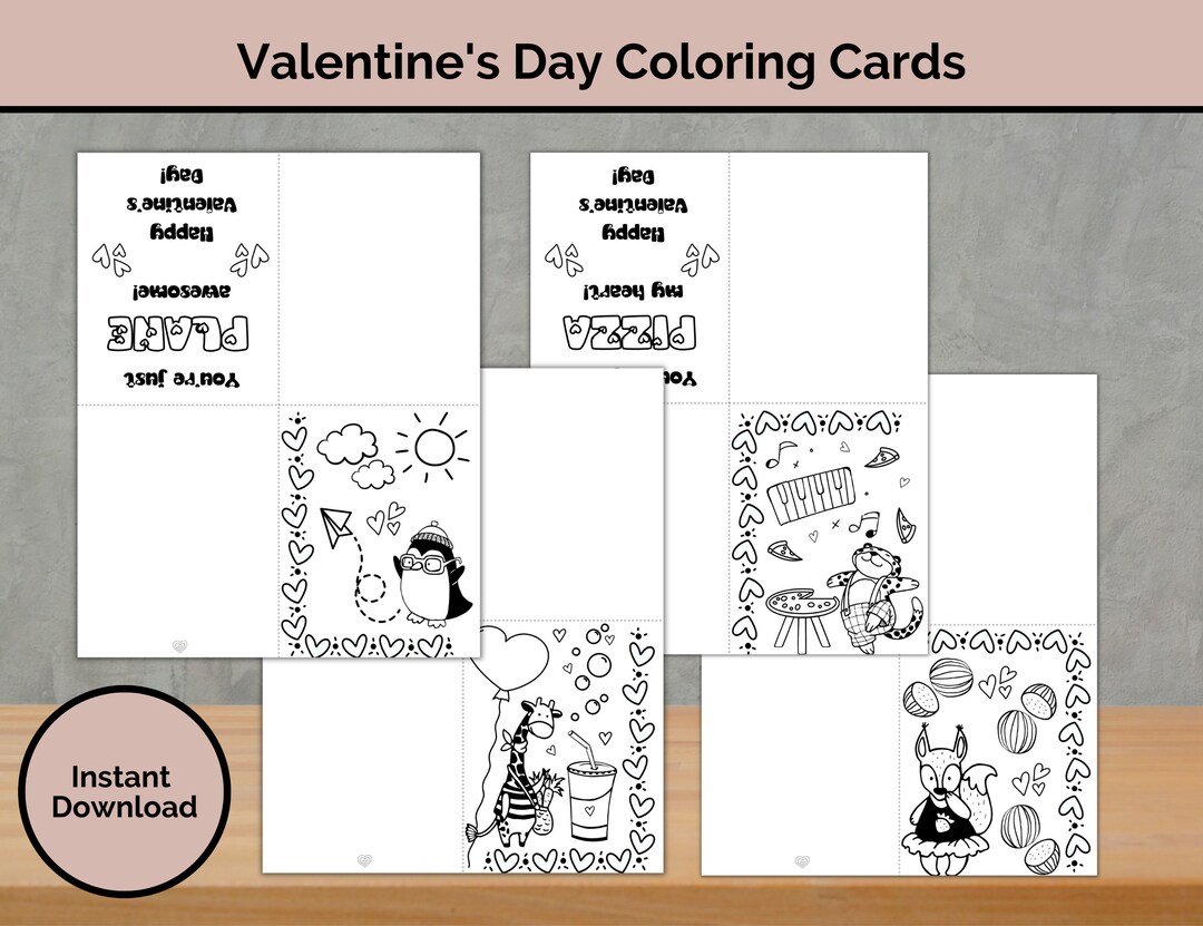 Valentine's Day Coloring Cards Printable Digital Download 4 Sheets - Etsy