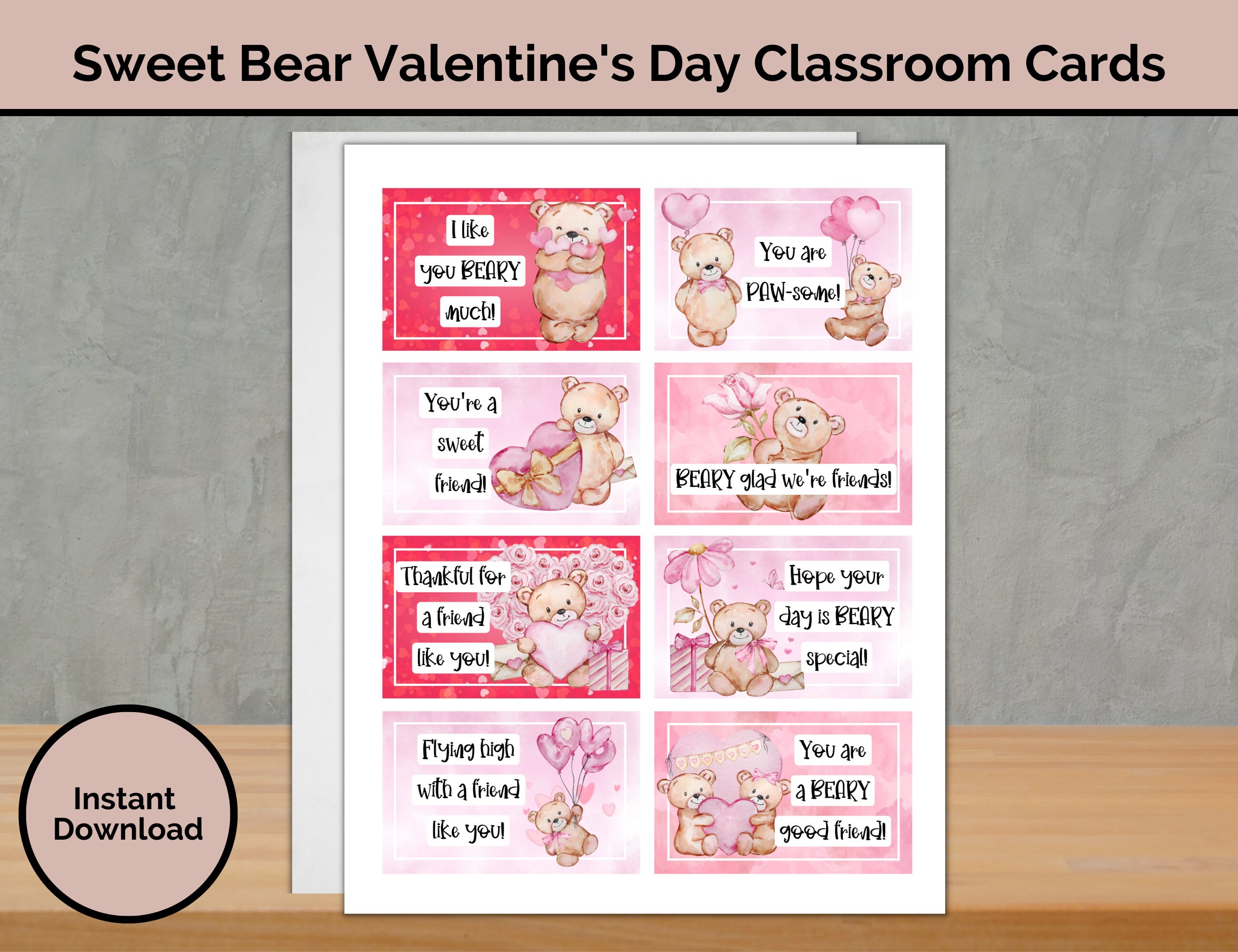 Valentine's Day Classroom Cards Sweet Bears Printable Digital Download ...