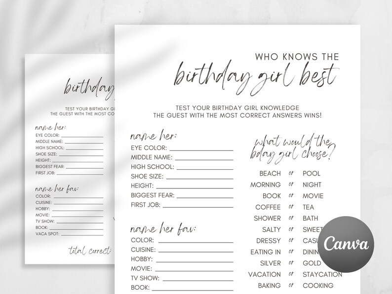 Who Knows the Birthday Girl Best Birthday Party Questionnaire and ...
