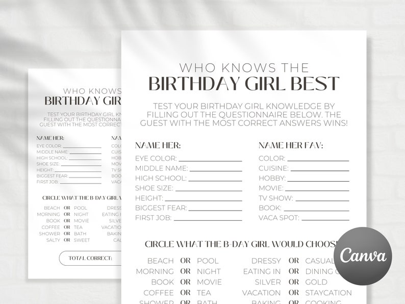 Who Knows the Birthday Girl Best Birthday Party Questionnaire and ...