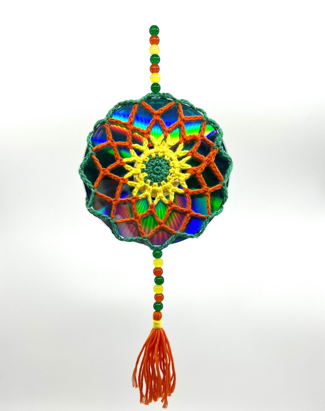 Crocheted Dream Catcher // Green, Yellow, and Orange // Repurposed Cds ...
