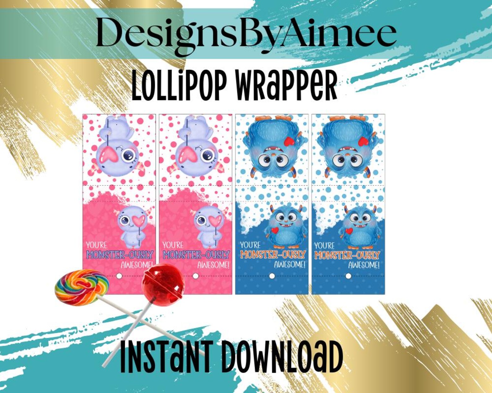 Monster Valentine Lollipop Wrappers | Kids Classroom Party Favors ...
