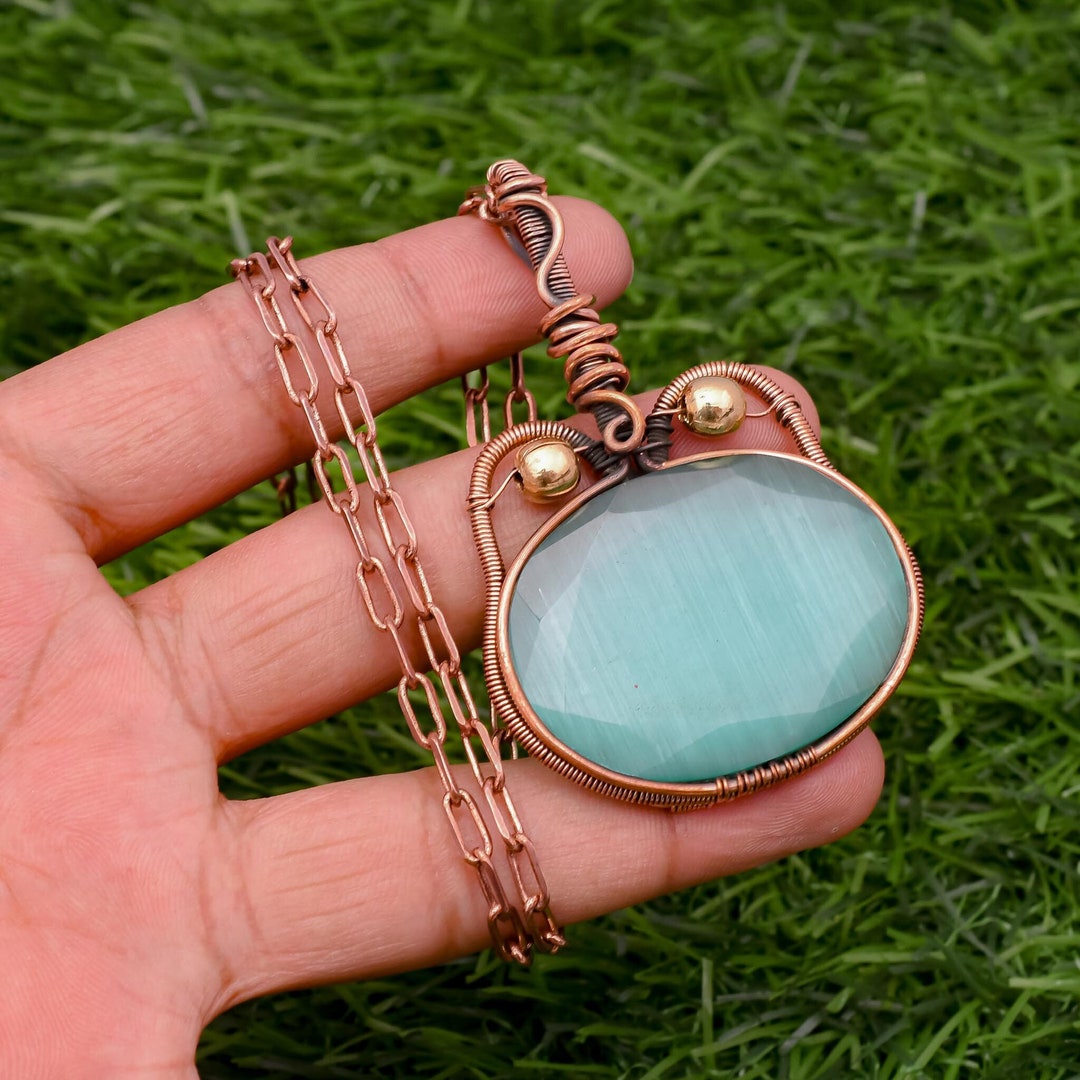 Monalisa Pendant Copper Wire Wrapped Handmade Pendant Necklace Cat Shape Pendant Necklace With ...