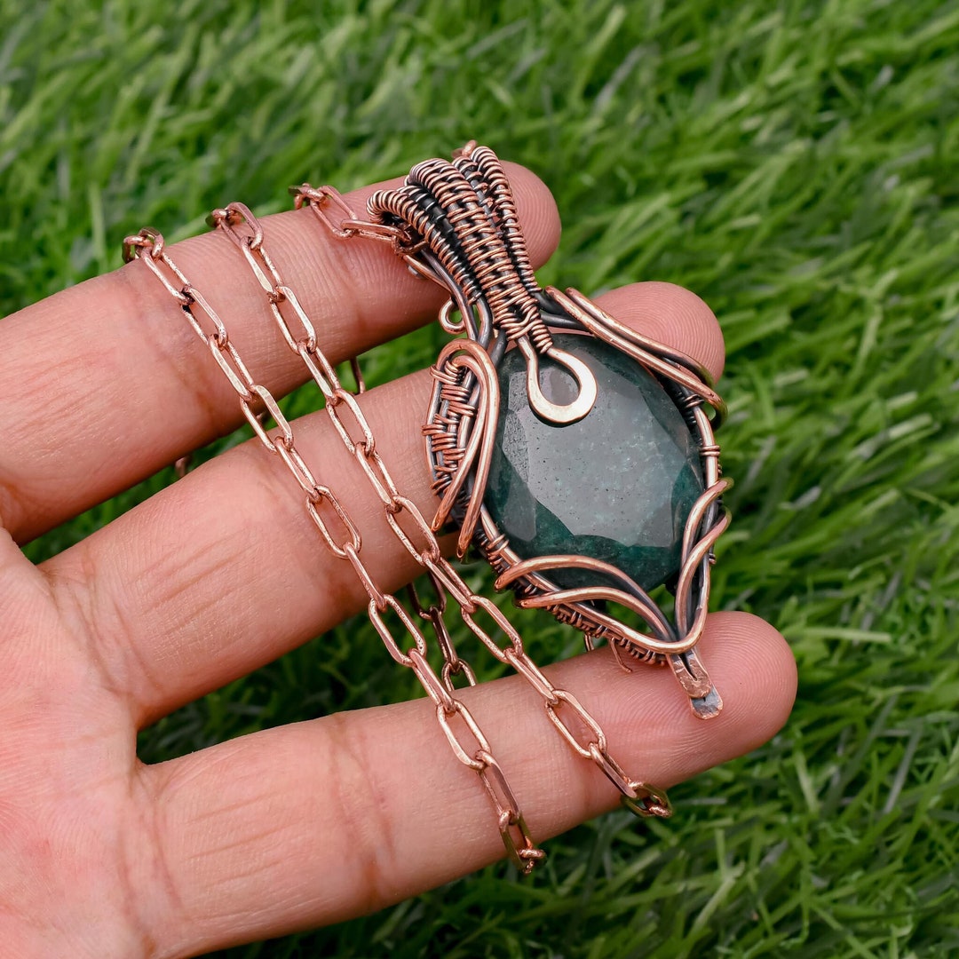Handmade Copper Wire Wrapped Emerald Pendant Necklace - Etsy