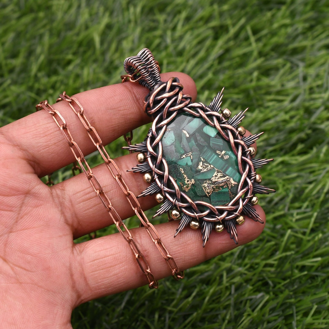 Spiny Malachite Pendant Copper Wire Wrapped Handmade Pendant Necklace ...