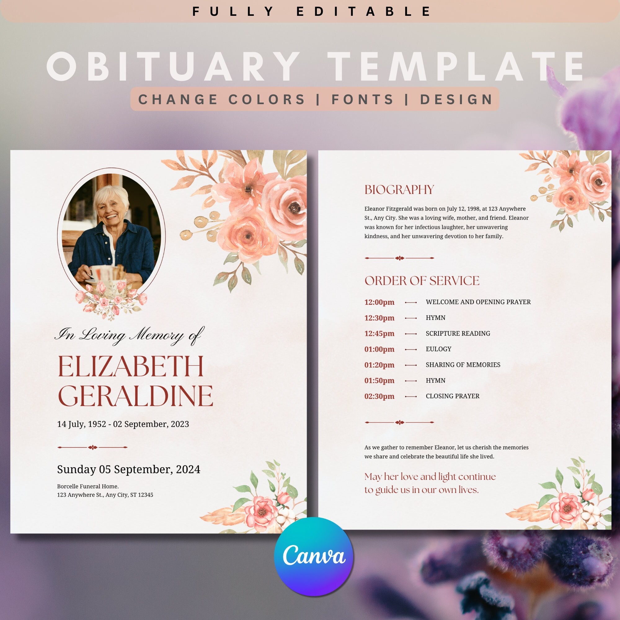 Editable Funeral Program Template, Customizable Memorial Service ...