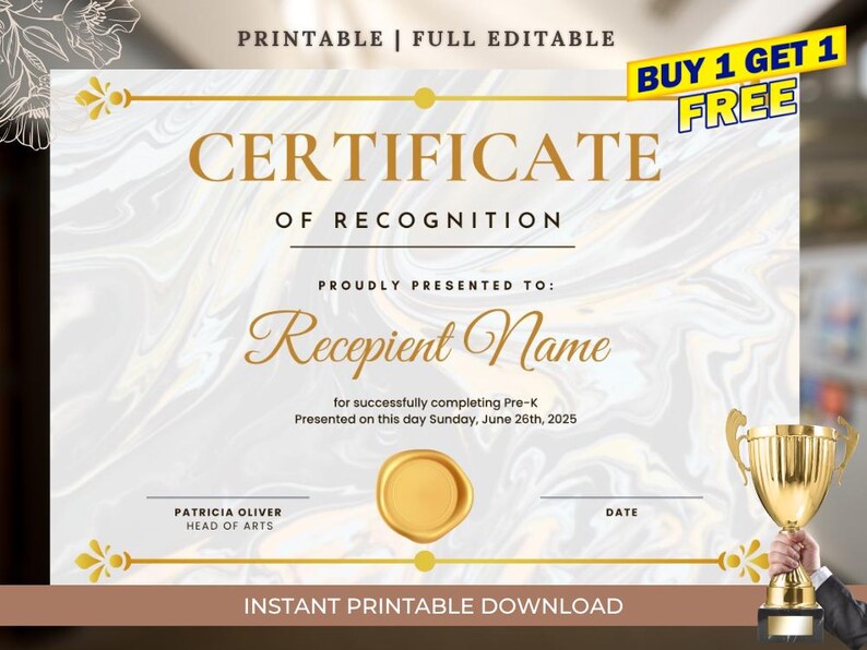 Editable Certificate Template: Achievement Award, Graduation, Employee ...