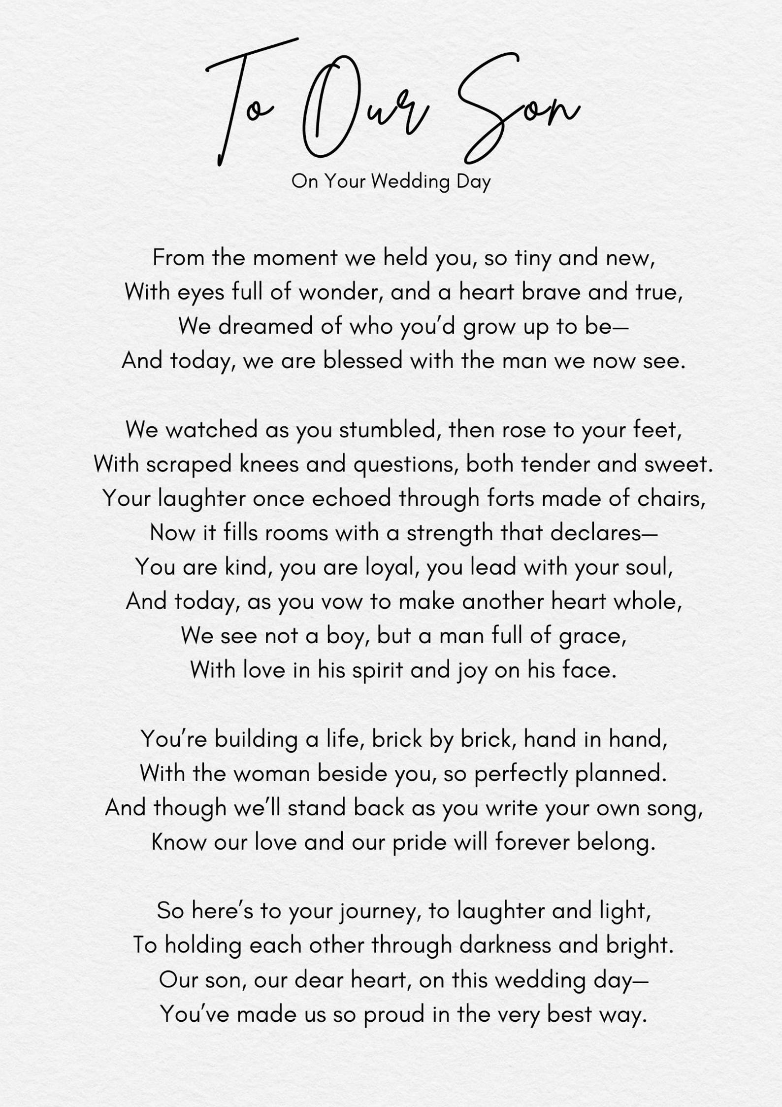 Sentimental Wedding Day Poem for Son: A4 Keepsake Print (digital ...