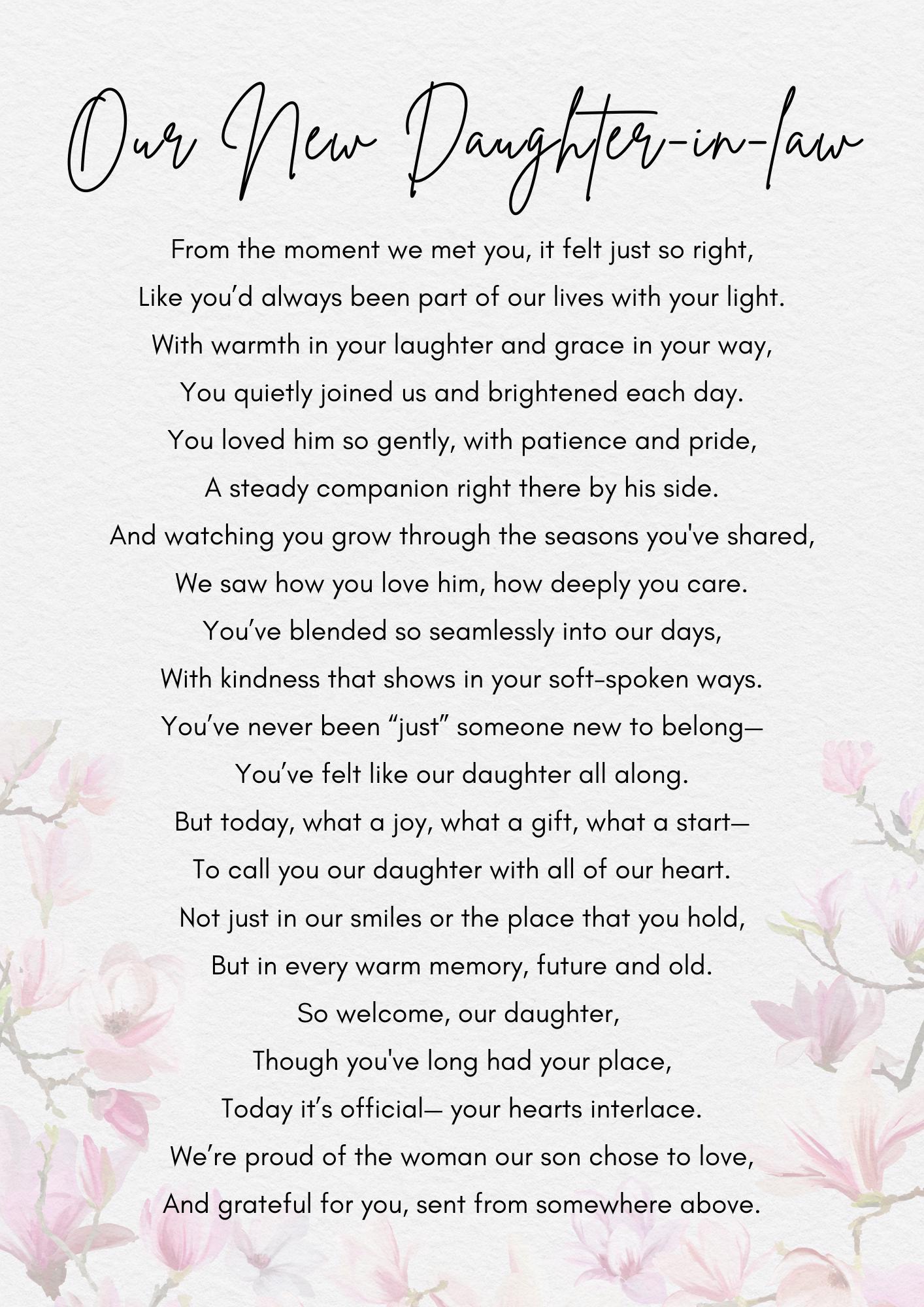 To Our Daughter in Law Poem – Sentimental Wedding Gift From Parents to ...