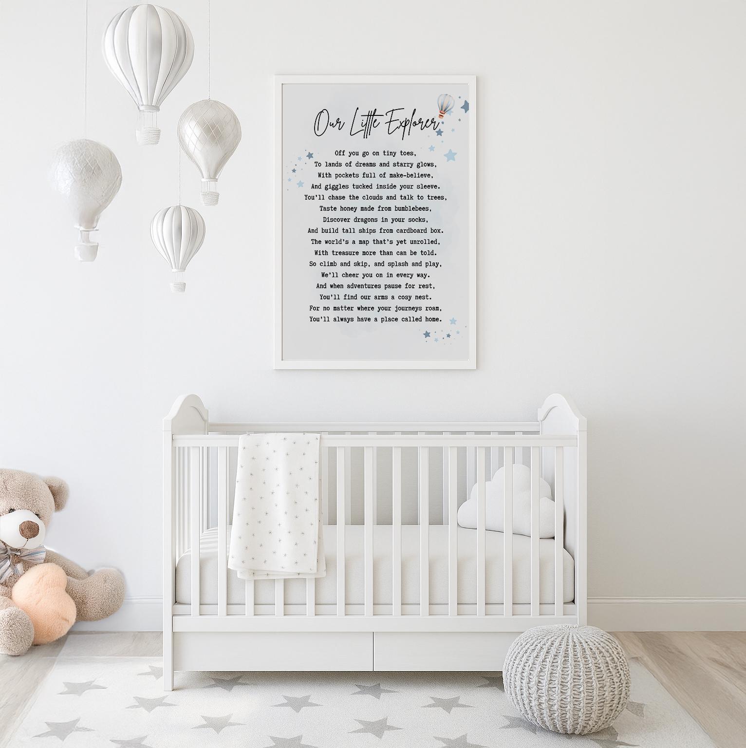Little Explorer Nursery Poem Print | Hot Air Balloon Baby Wall Art | up ...