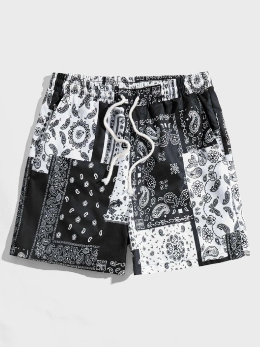 Men's Black and White Paisley Bandana Print Drawstring Waist Shorts - Etsy