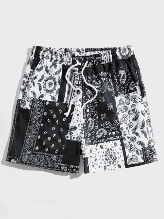Men's Black and White Paisley Bandana Print Drawstring Waist Shorts - Etsy
