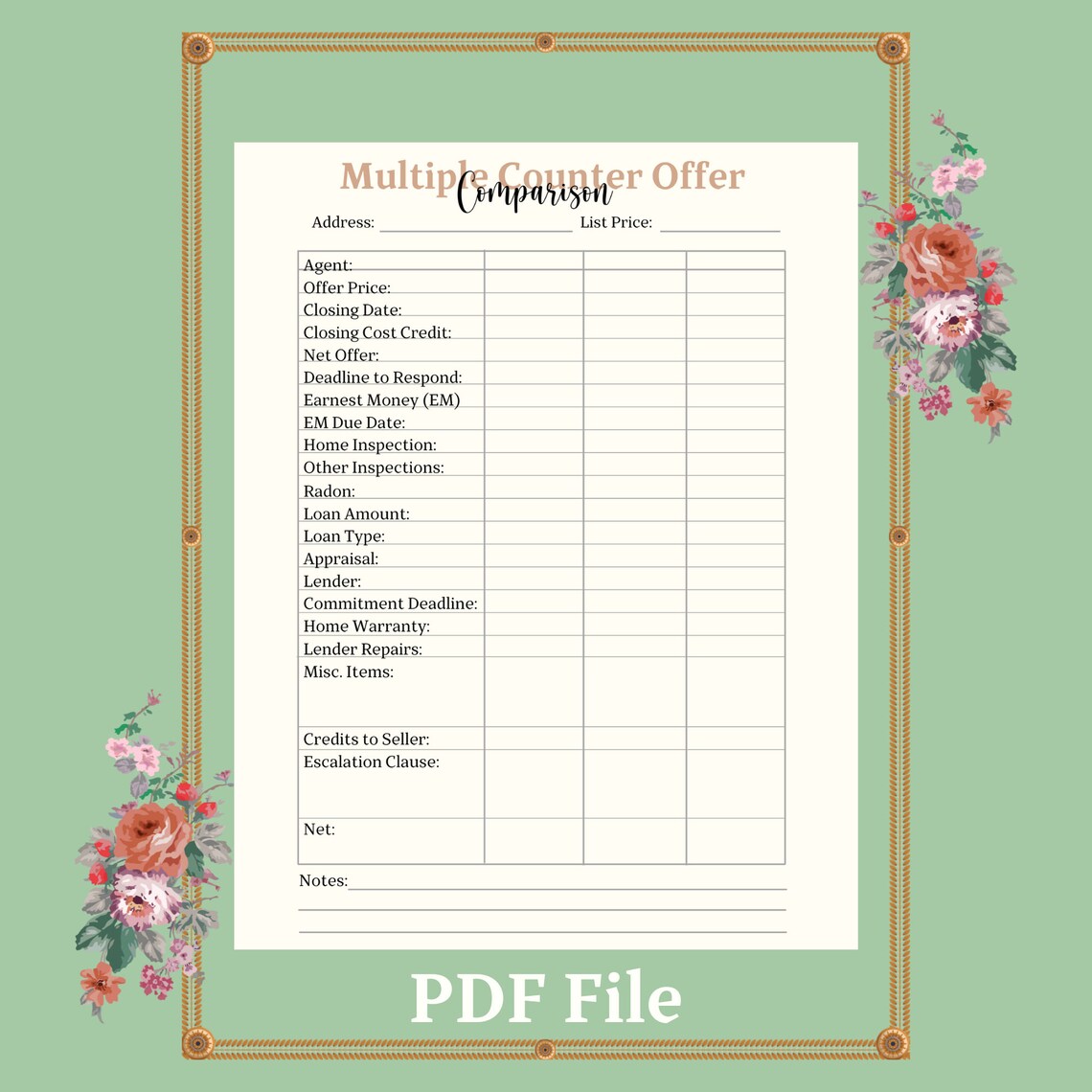 Fillable Multiple Offer Worksheet Real Estate - Etsy