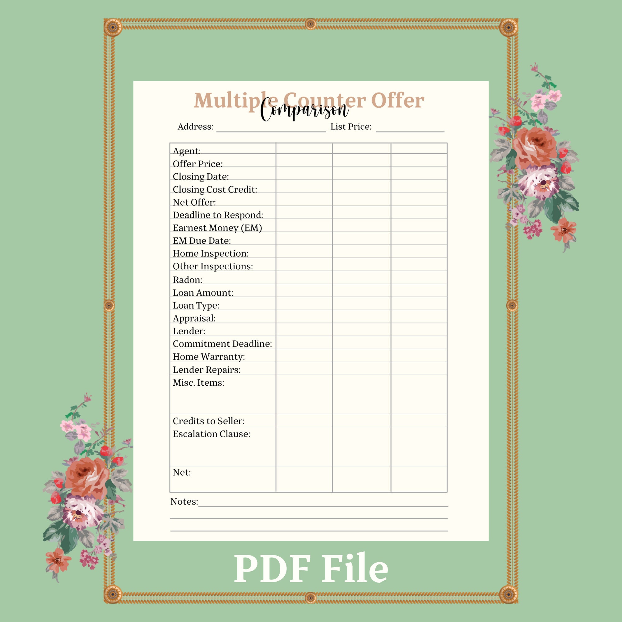 Fillable Multiple Offer Worksheet Real Estate - Etsy