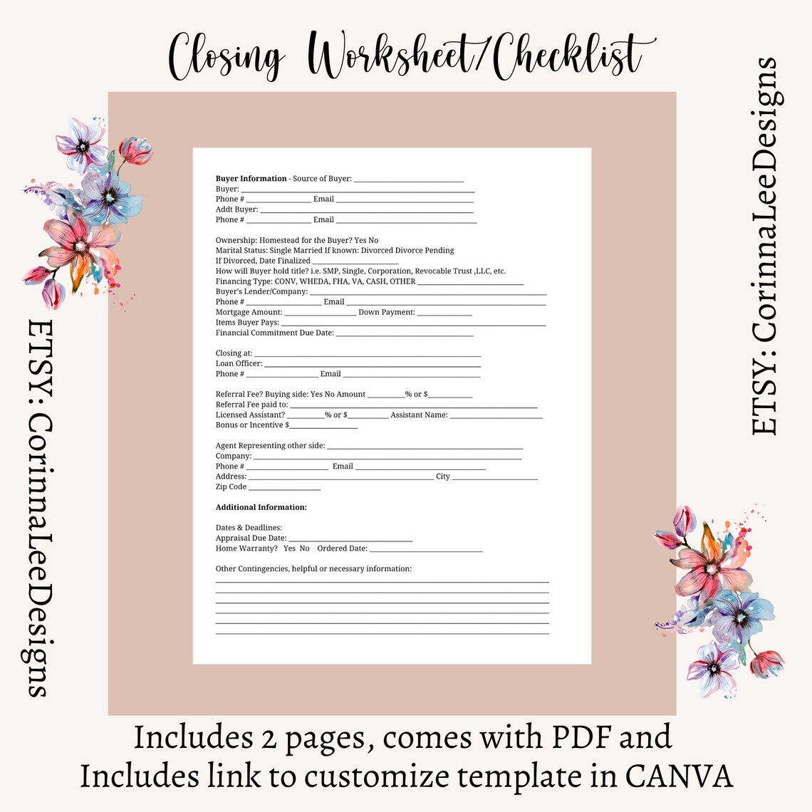 Real Estate Closing Worksheet Checklist/template - Etsy