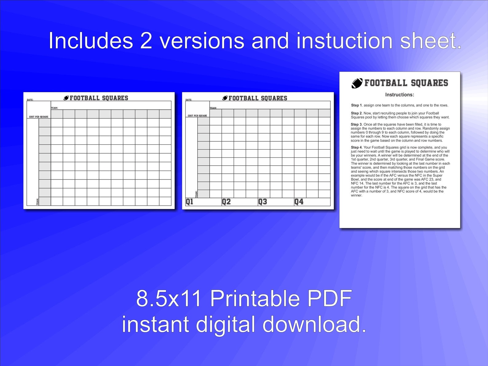 Football Squares Printable - Football Grid - Football Bet - Printable ...