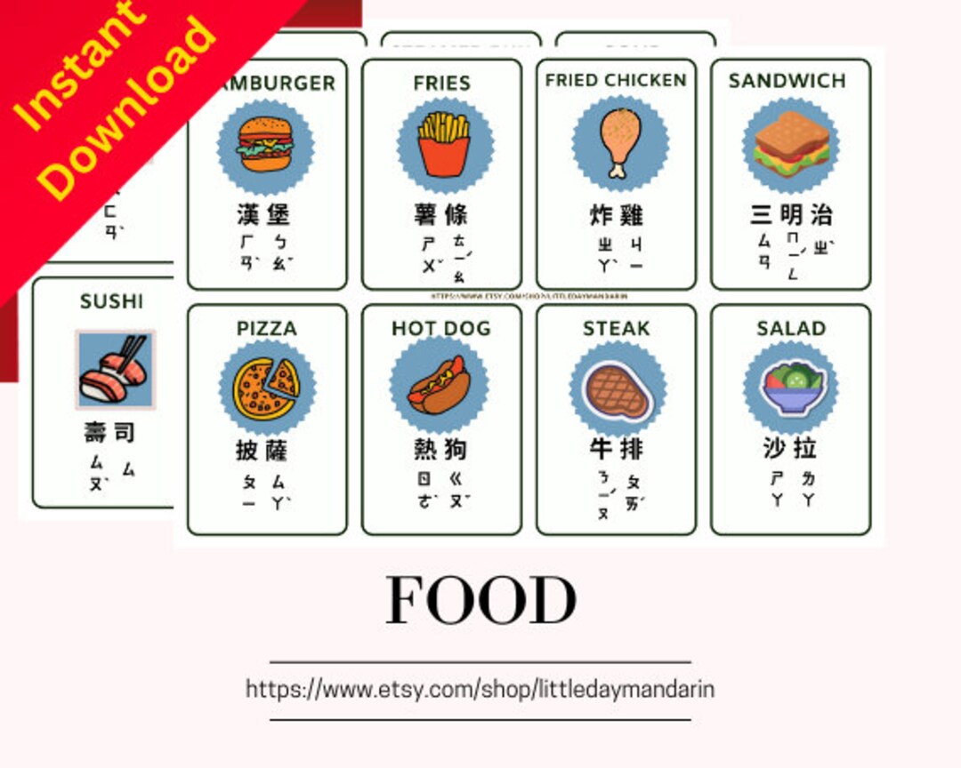 Learn Mandarin With Common Seen Western and Eastern Food and - Etsy