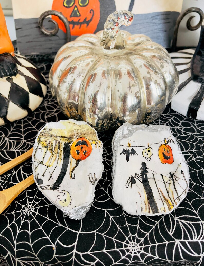 Oyster Shells Pumpkin Bat Ghost Salt & Pepper Servers With Bamboo Wood ...
