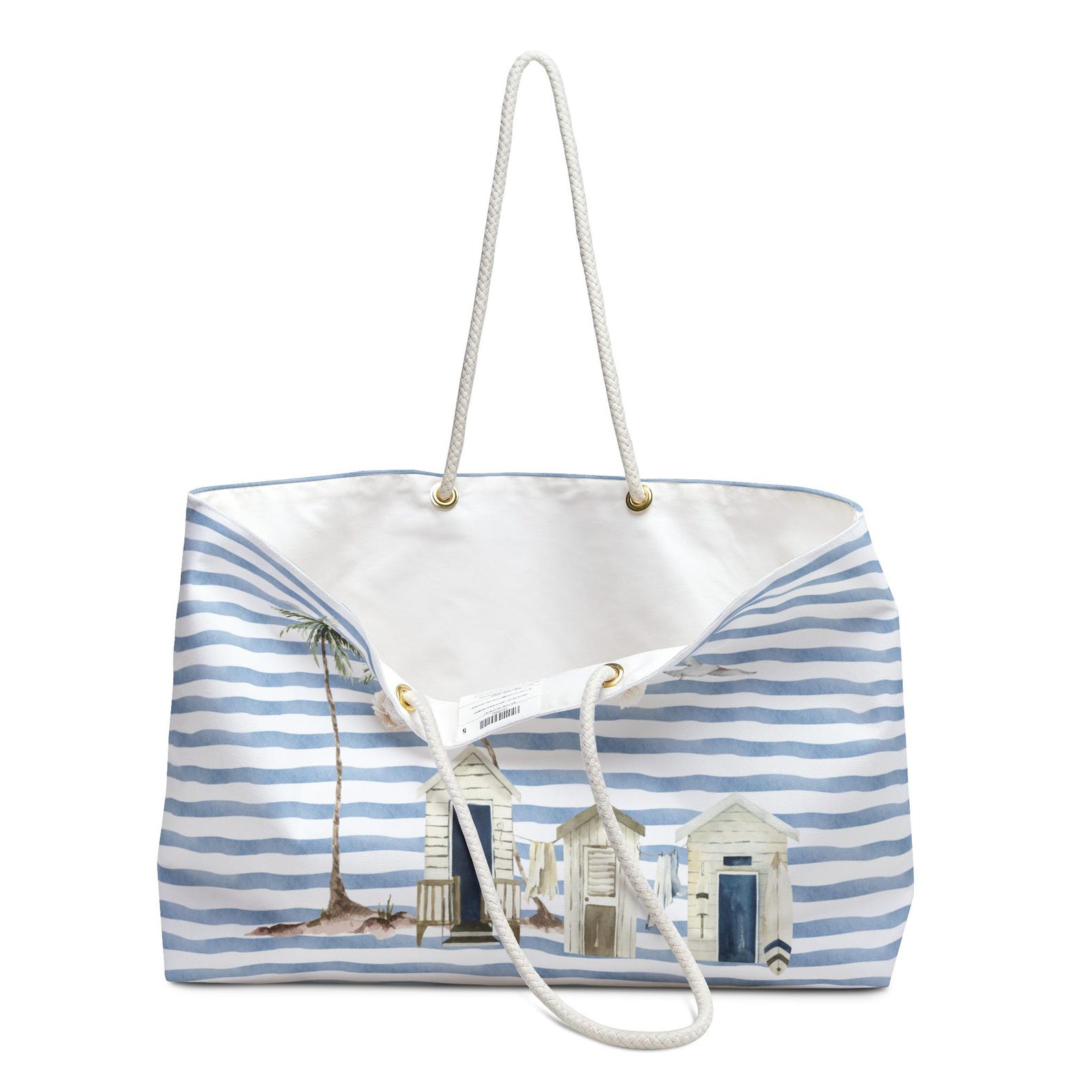 Coastal Beach Huts Bag - Light Blue Striped Tote, Summer Travel Bag ...