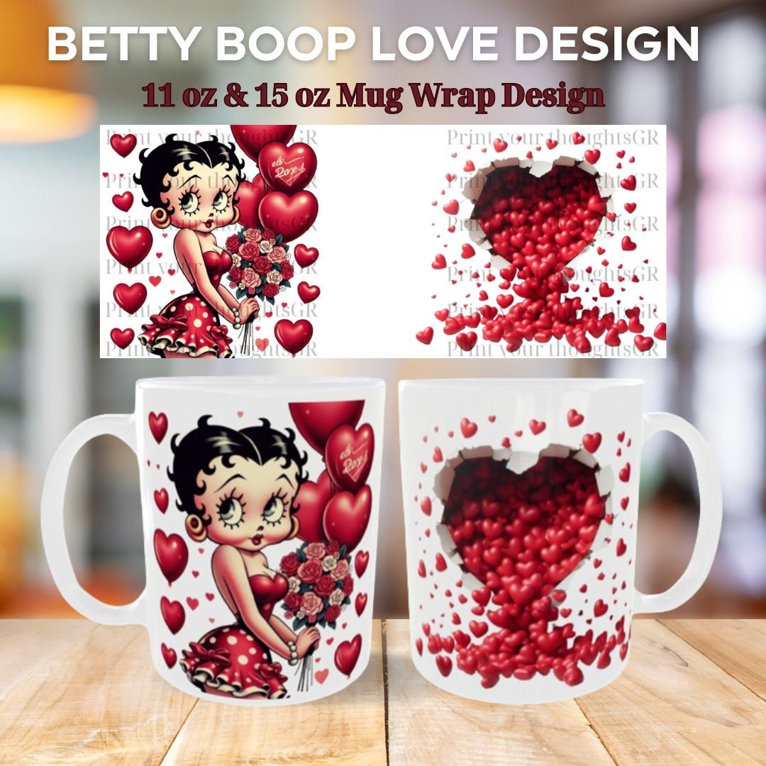 Betty Boop Mug Wrap: 3D Hearts, Sublimation Design, Ready for Coffee ...