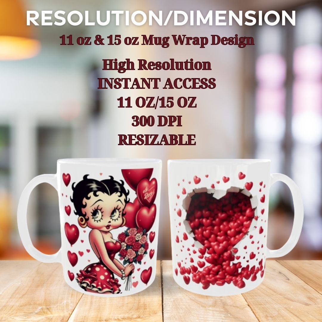 Betty Boop Mug Wrap: 3D Hearts, Sublimation Design, Ready for Coffee ...