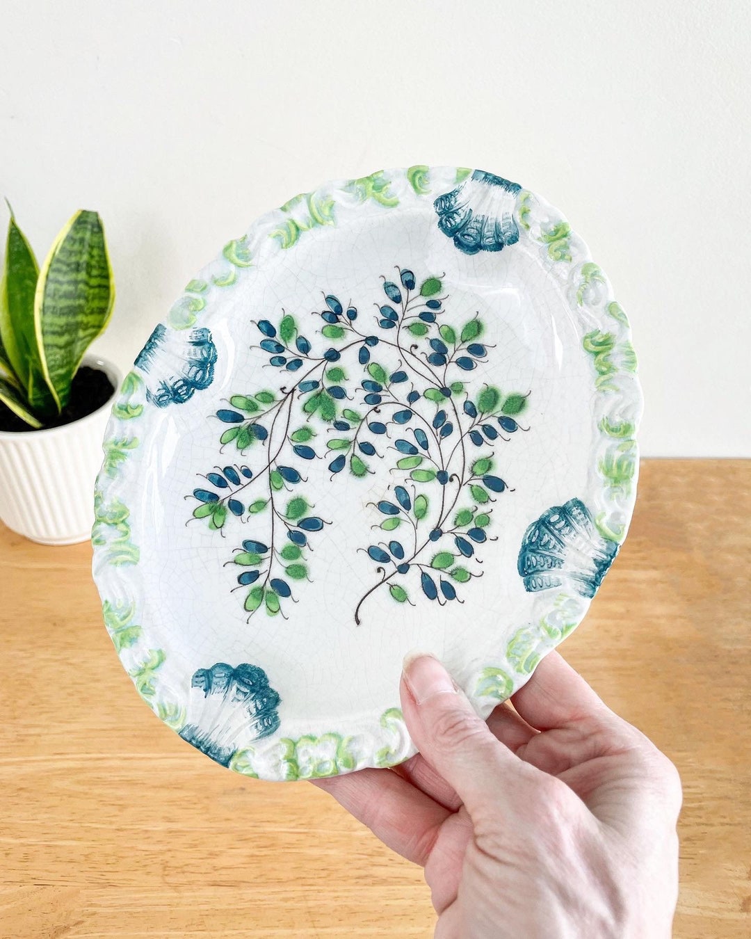 ITALIAN DISH Blue Green Ivy Vines Hand Painted Oval MCM Bowl Trinket ...