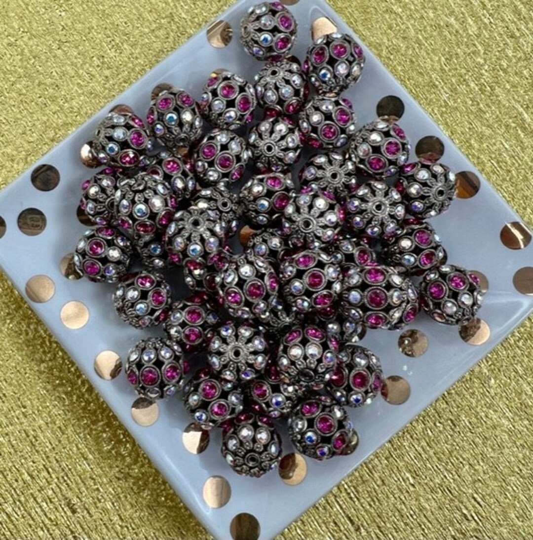 Filigree Balls | Crystal AB and Fuchsia | 13mm | Antique Silver Plated ...