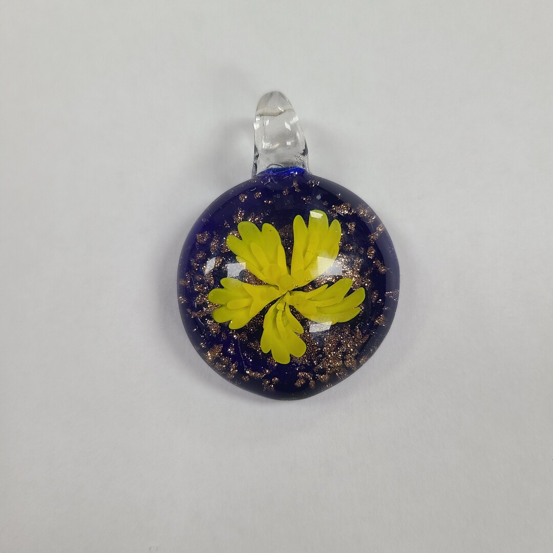 Glass Pendant Blue With Yellow Flower Approx. 35mm Round - Etsy