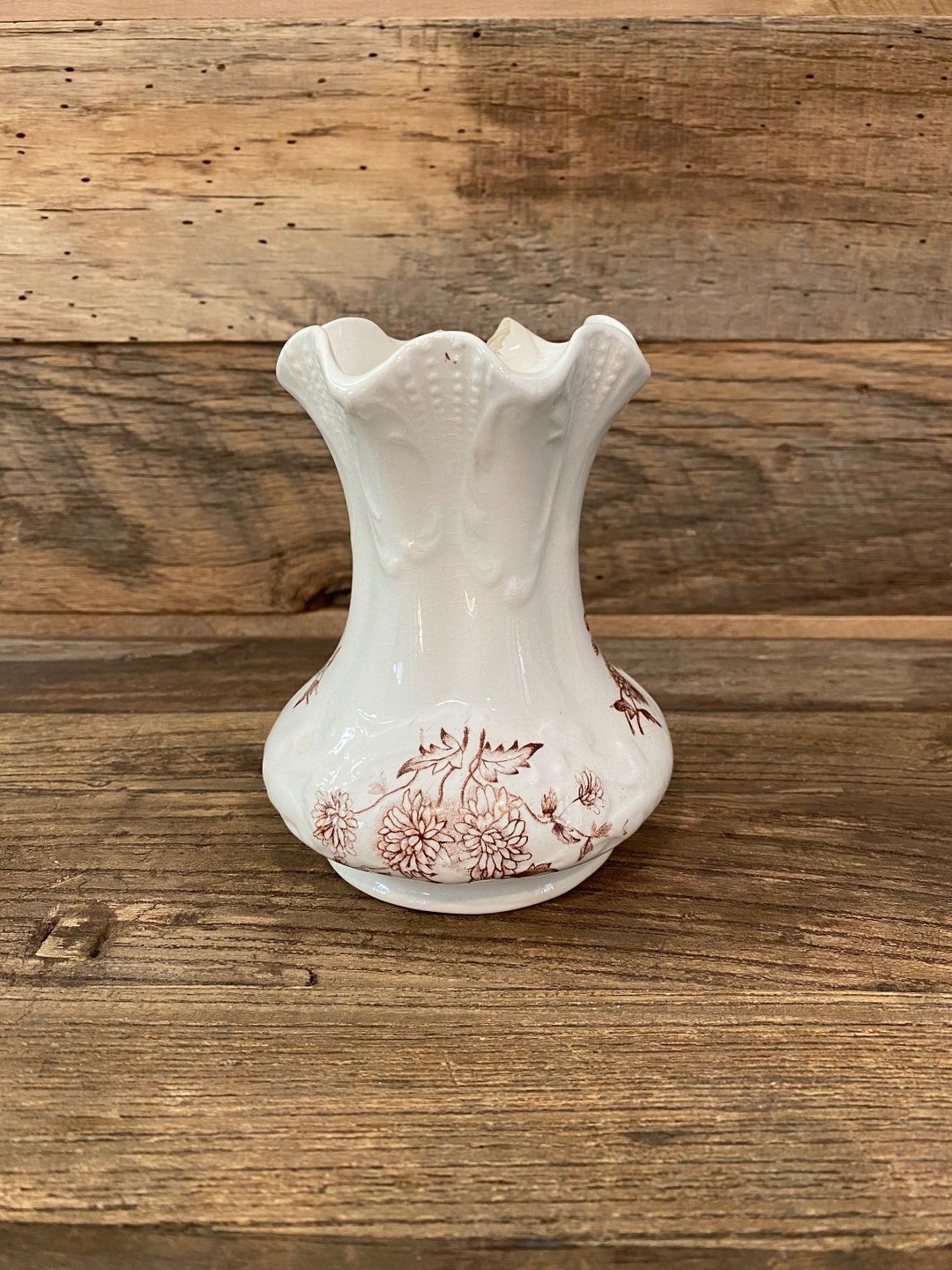 Antique Brown and White Transferware Vase - Etsy