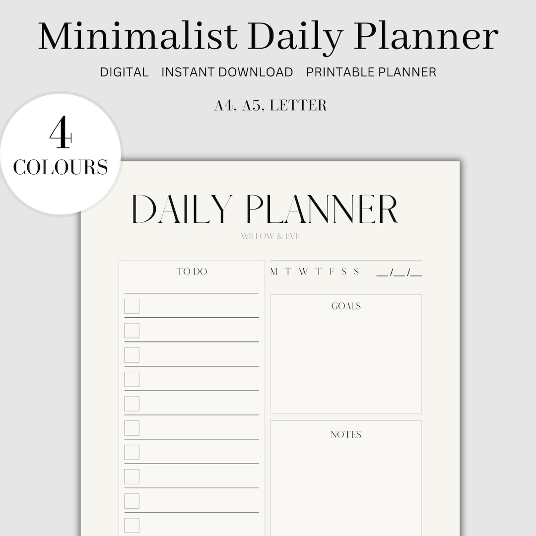 Minimalist Daily Planner Printable Template 4 Colours - Etsy