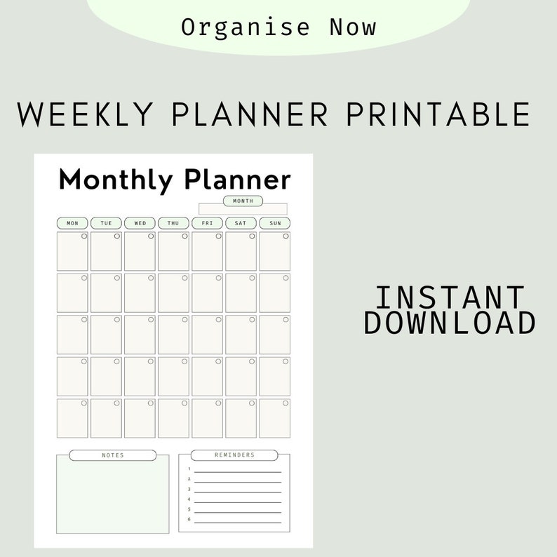 PLANIFICADOR MENSUAL IMPRIMIBLE, Diseño simple, Descarga instantánea ...