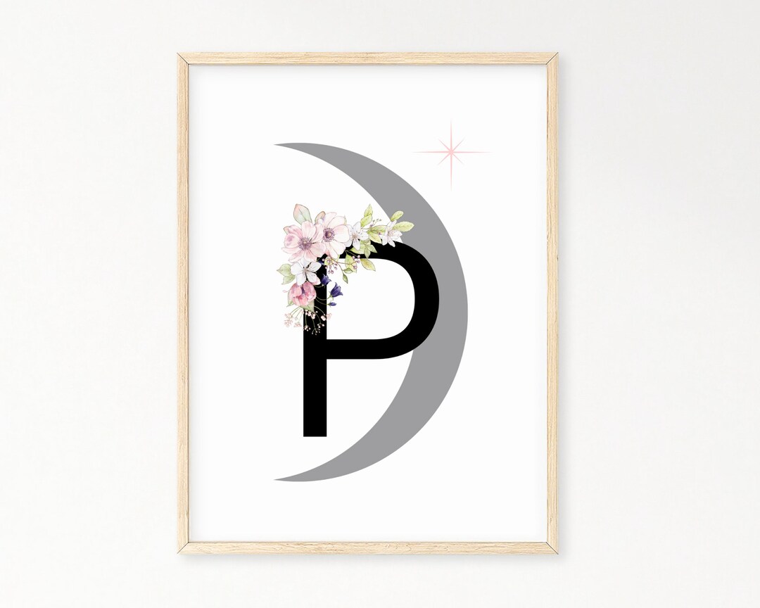 Initial Print, Printable Letter, Letter P, Moon Print, Nursery Print ...