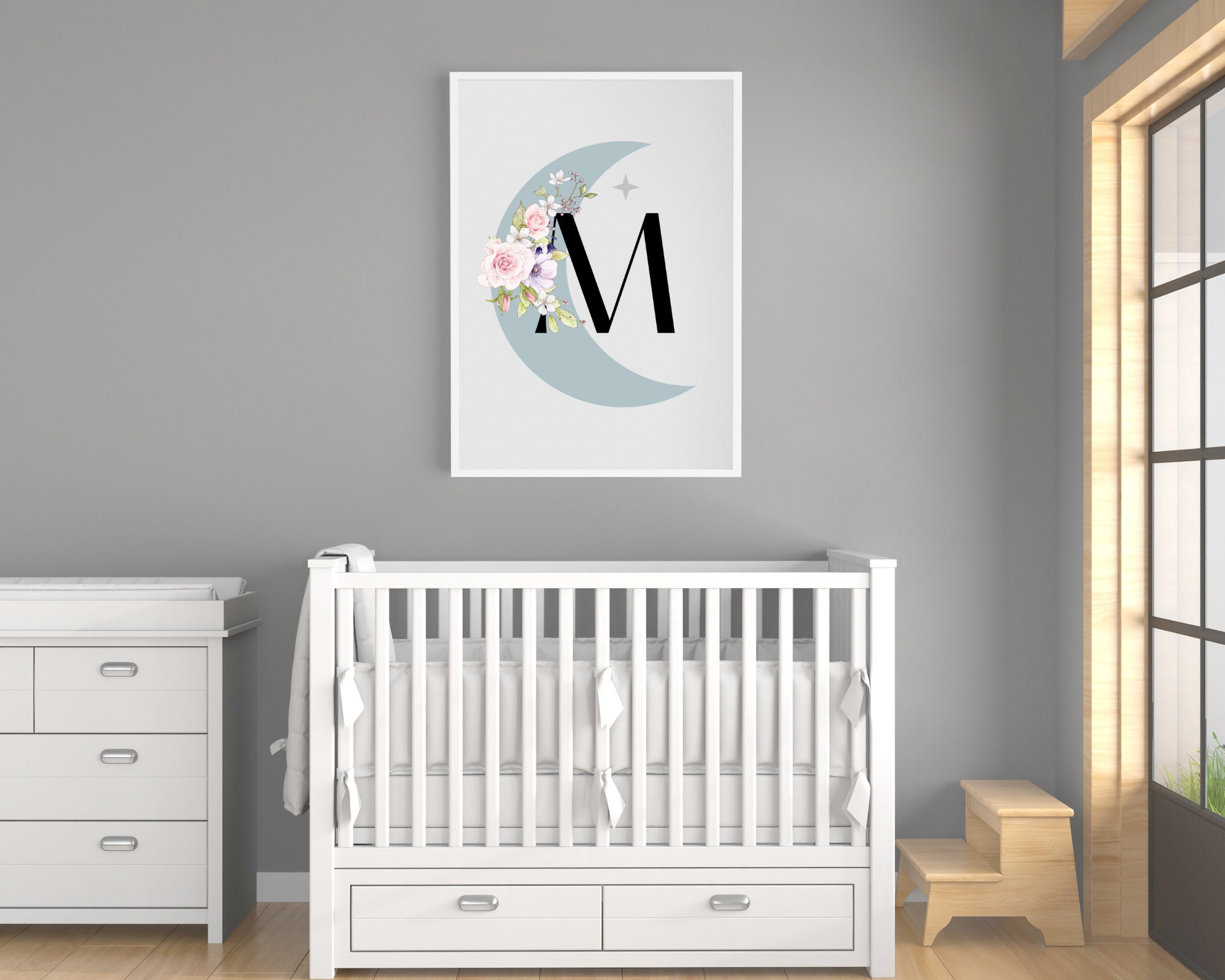 Initial Print, Printable Letter, Letter M, Moon Print, Nursery Print ...