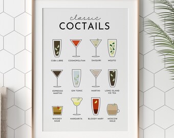 25 Popular Cocktails, Cocktails Recipe Print, Cocktail Print, Cocktail Art, Kitchen Art, Kitchen ...