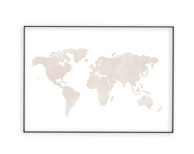 Neutral Beige World Map, Neutral Map, Printable Watercolor World Map ...