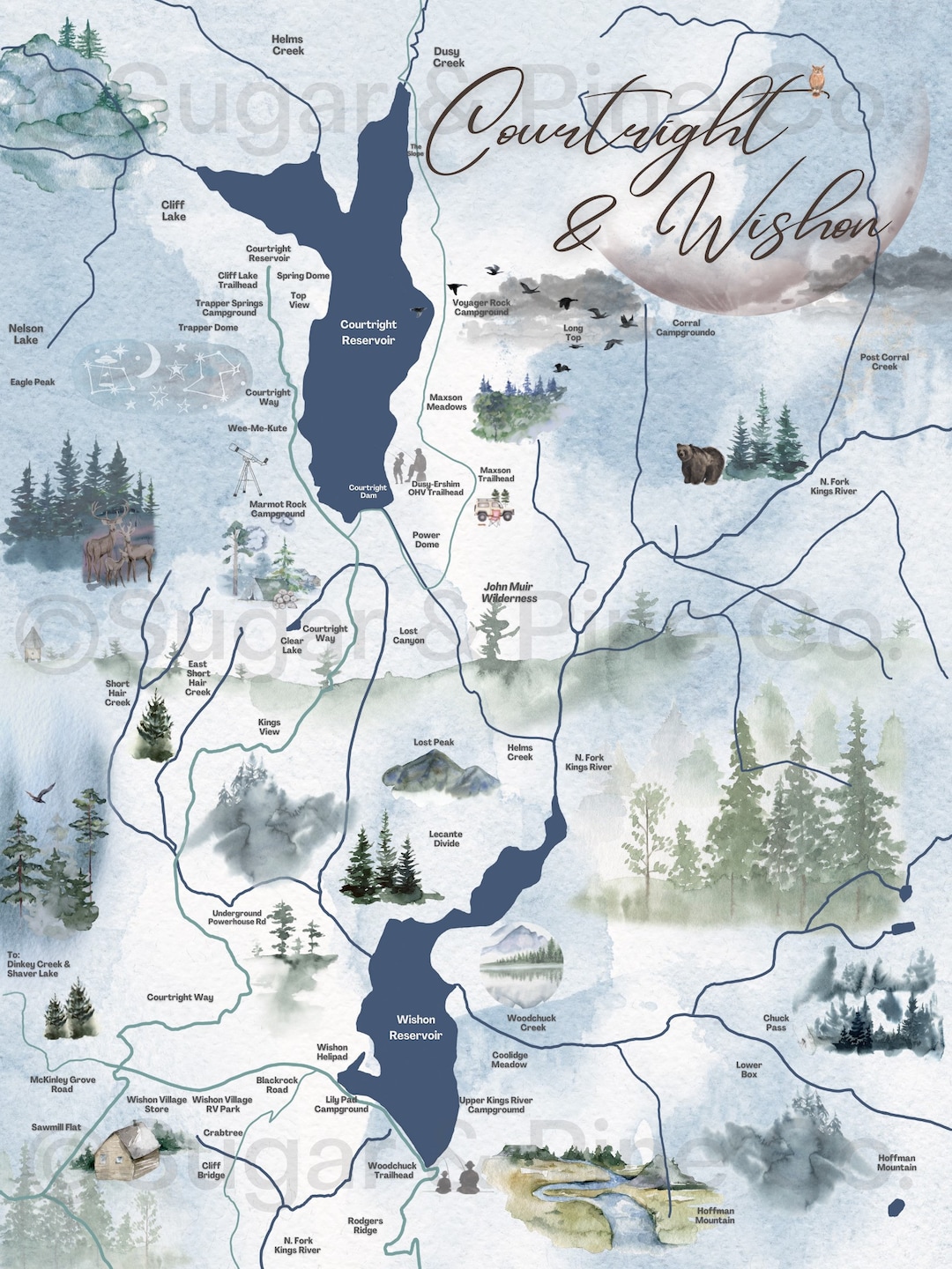 Courtright Reservoir and Wishon Lake Map Print for Airbnb - Etsy