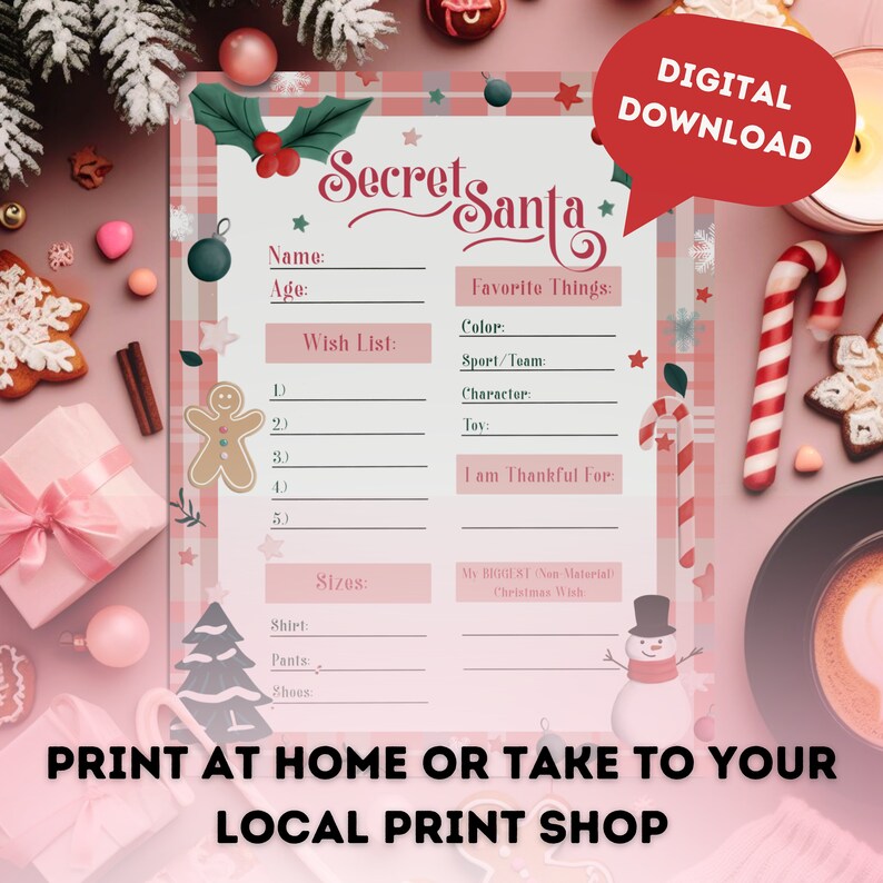 Secret Santa Questionnaire, Kids Christmas Wish List, Secret Santa ...