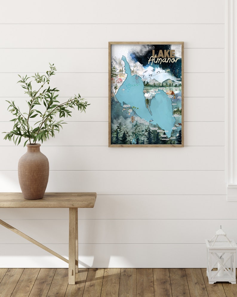 Lake Almanor California Watercolor Map Print Detailed Mountain Art ...